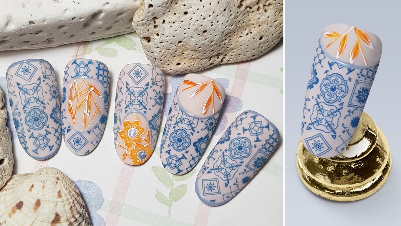 Nail art with Portuguese wall tile pattern - Online course - Nailstamping